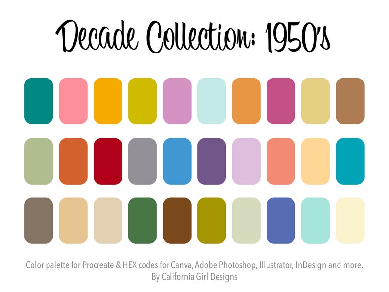 Decade Collection: 1950's Color Palette for PROCREATE & HEX Codes ...