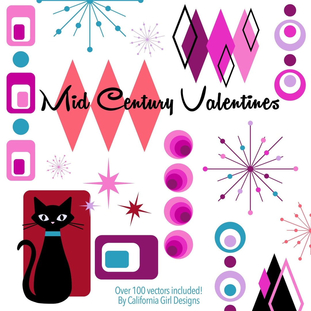 Mid Century Modern Valentine's Day Elements Clipart Set - Retro, Atomic ...