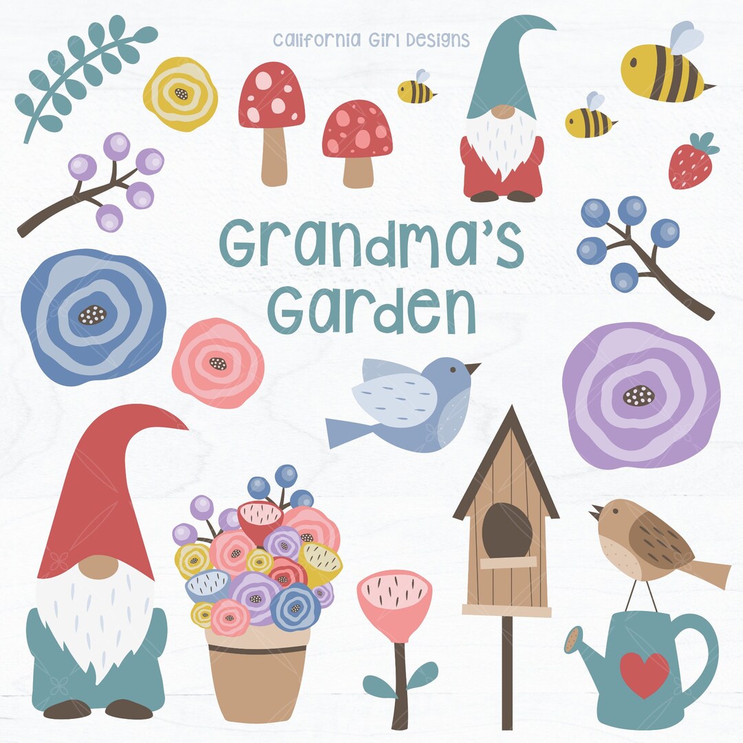 Spring Garden Clipart Set – Gnomes, Birds, and Flowers (digital ...