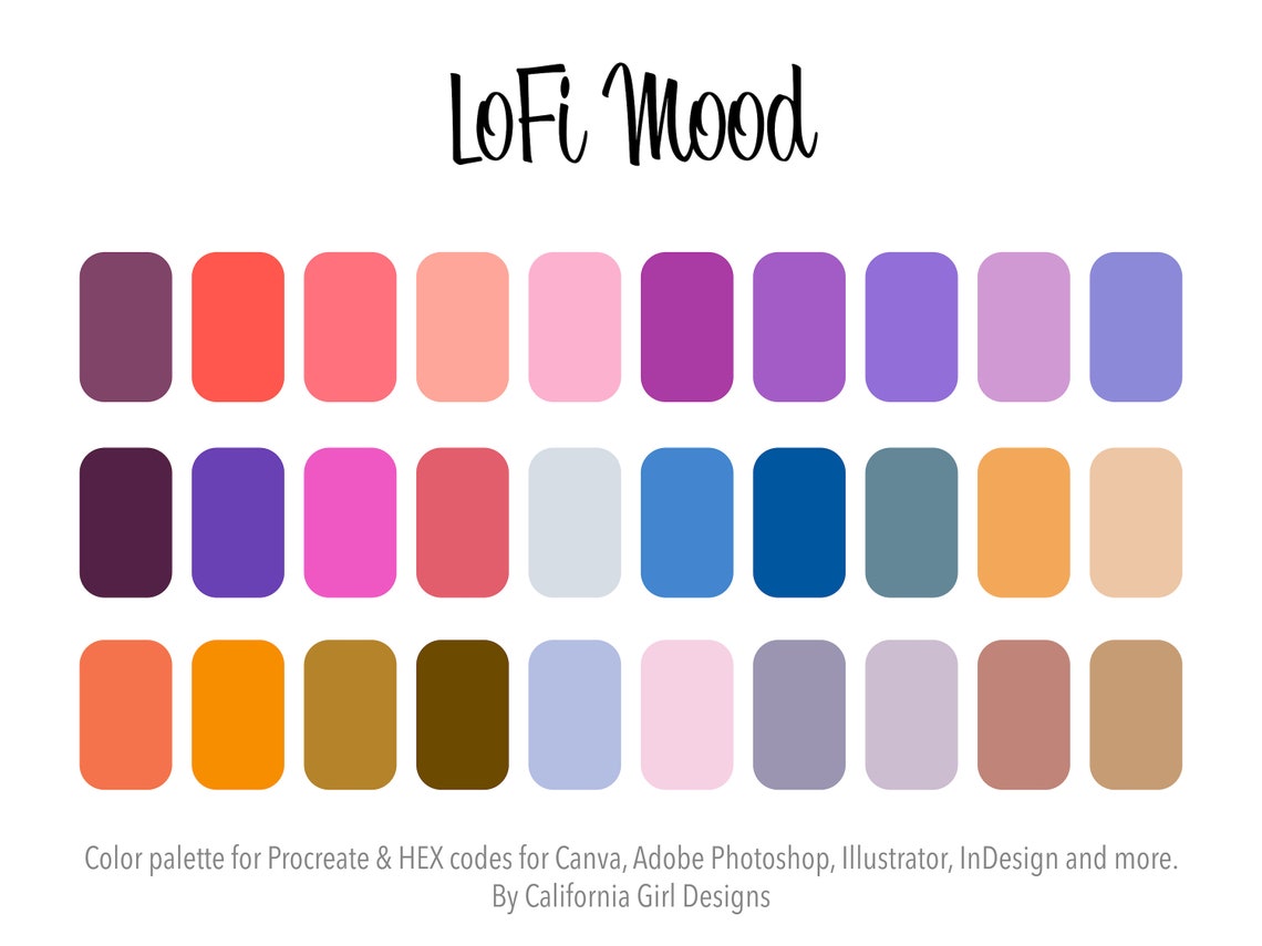 Lofi Mood Color Palette for PROCREATE and HEX Code Sheet 30 Colors ...