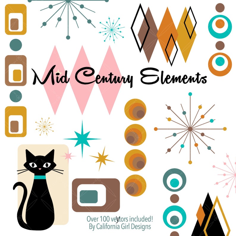 Mid Century Modern Elements Clipart Set - Retro, Atomic Shapes and Cats ...