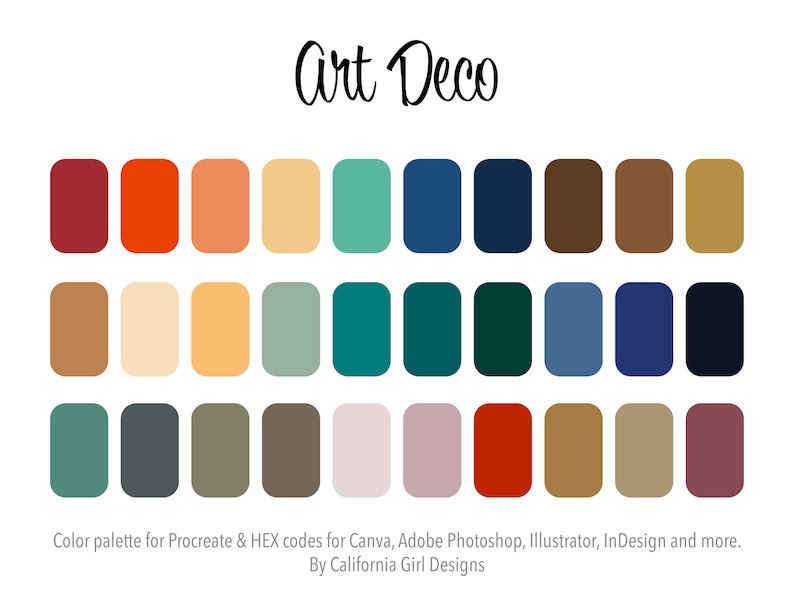 Art Deco Color Palette for PROCREATE and HEX Code Sheet - 30 Colors ...