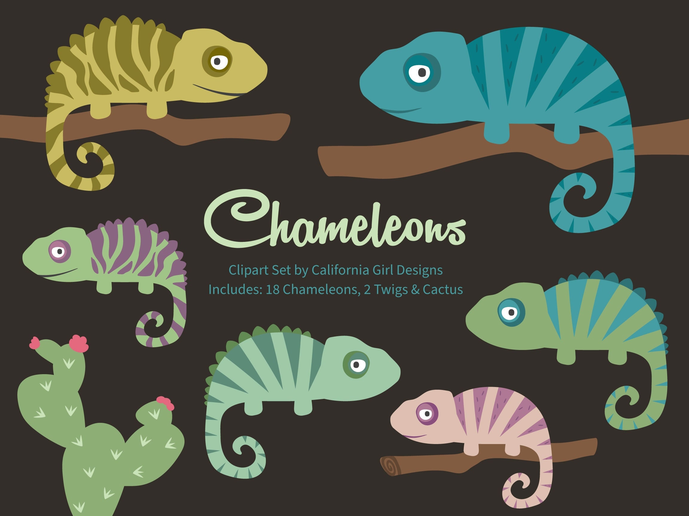 Chameleon Clipart Set - 18 Cute and Colorful Chameleons, Cactus and 2 ...