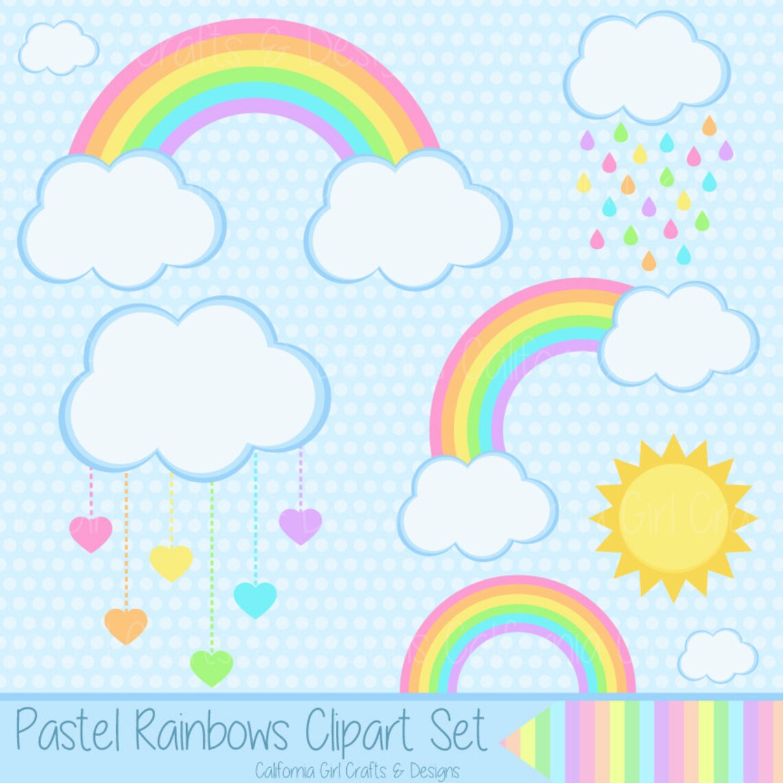 Pastel Rainbow Clipart Set – Clouds, Sun & Hearts (digital Download ...