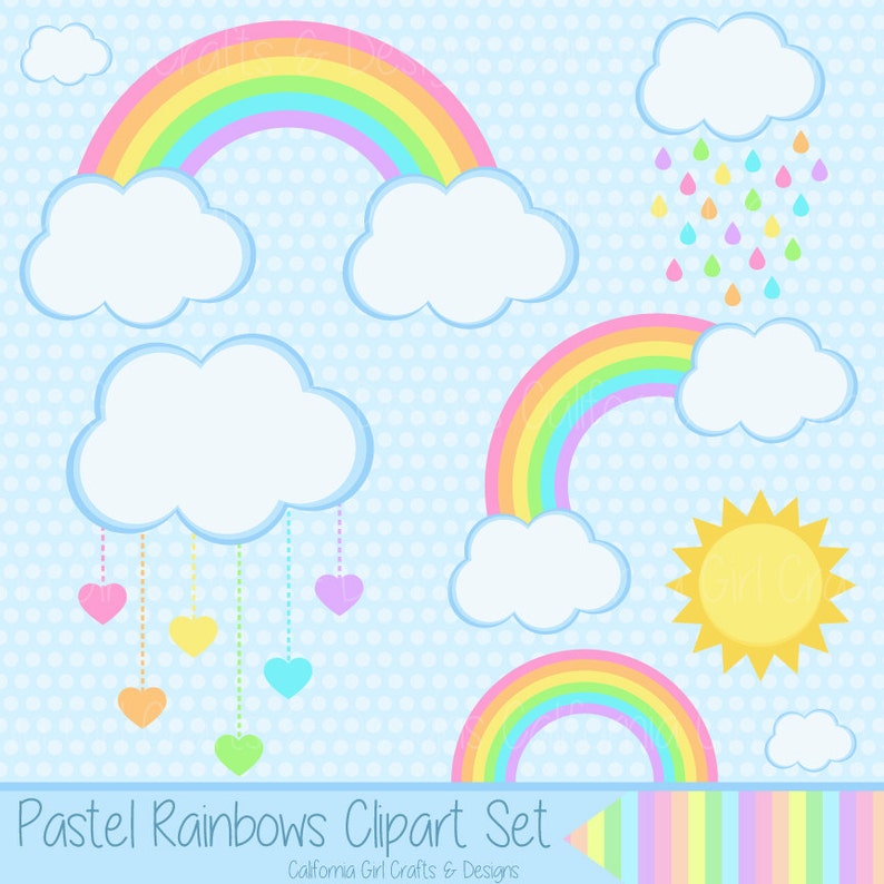 Pastel Rainbows Clipart Set Rainbows, Clouds, Sun, Hearts, Rain Perfect ... Pastel Rainbows Clipart Set Rainbows, Clouds, Sun, Hearts, Rain Perfect ...