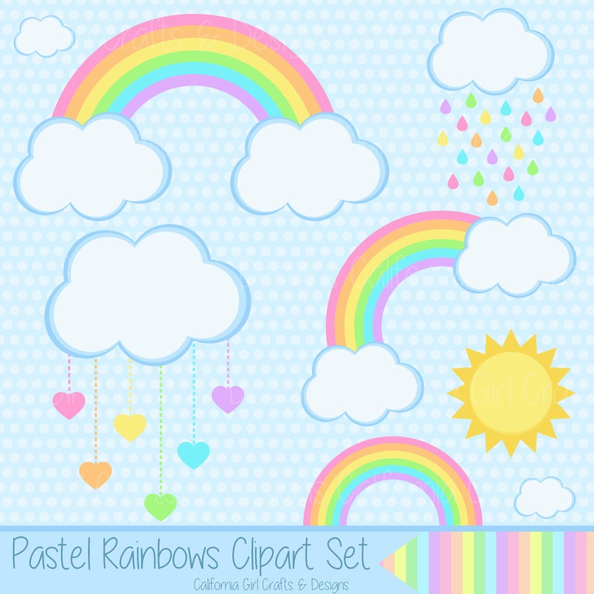 Pastel Rainbows Clipart Set - Rainbows, Clouds, Sun, Hearts, Rain ...