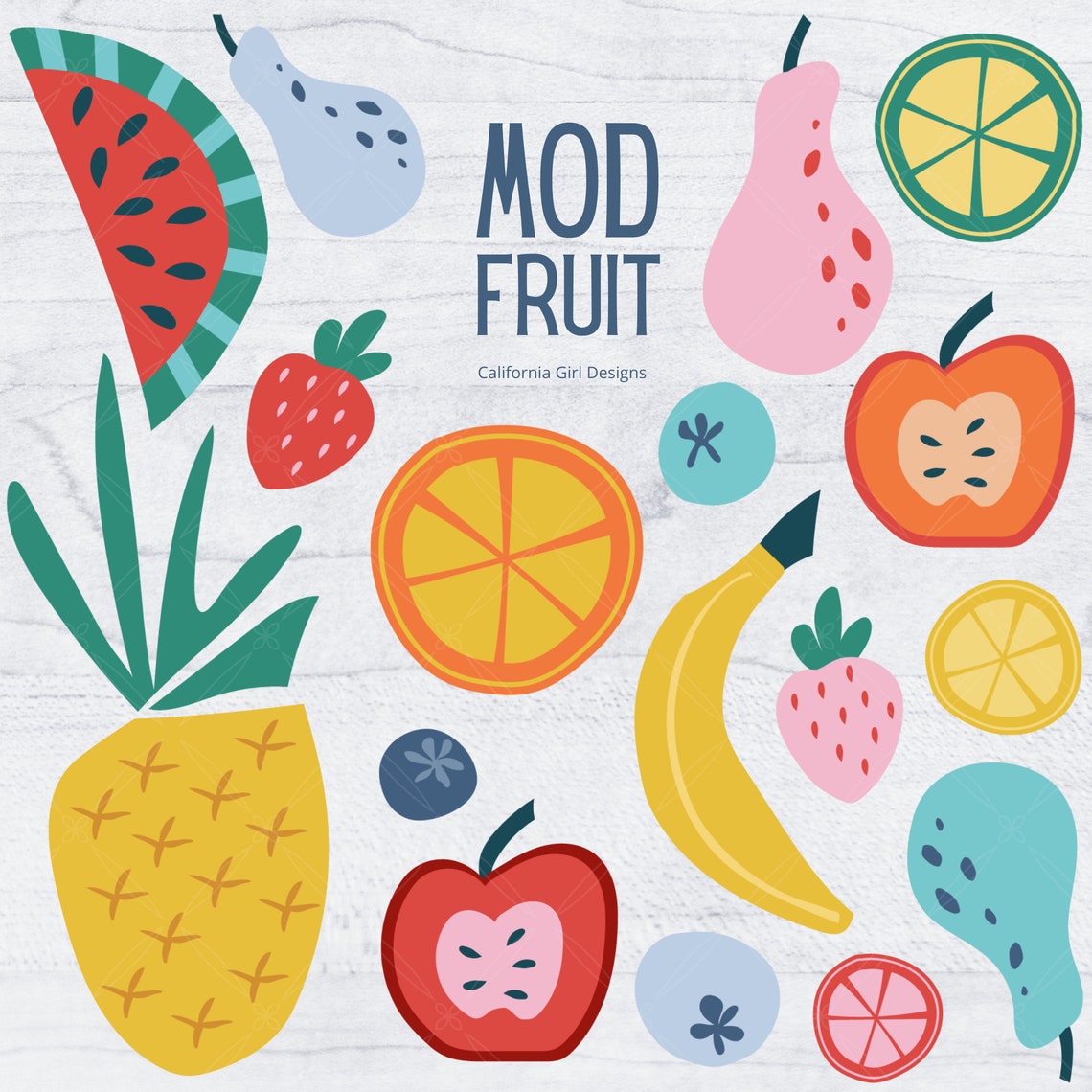 Mid-century Modern Fruit Clipart Set - Hand Drawn PNG Illustrations - Etsy