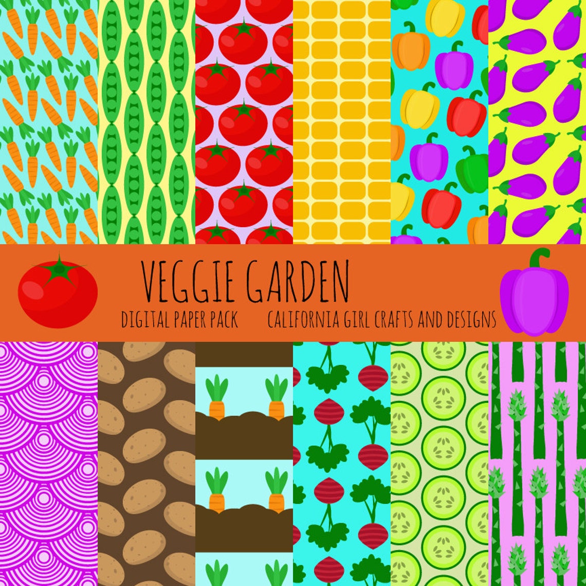 Veggie Garden Digital Paper Pack - Tomatoes, Carrots, Bell Peppers ...
