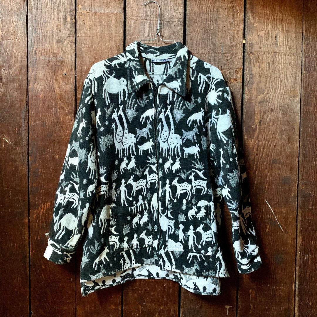 90s Black and White Animal Pattern Jacket Folk Art Tapestry Coat Small ...
