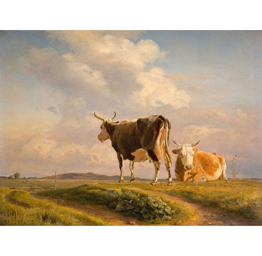 Johan Thomas Lundbye : Two Cows in an Open Field (1845) - Giclee Fine ...