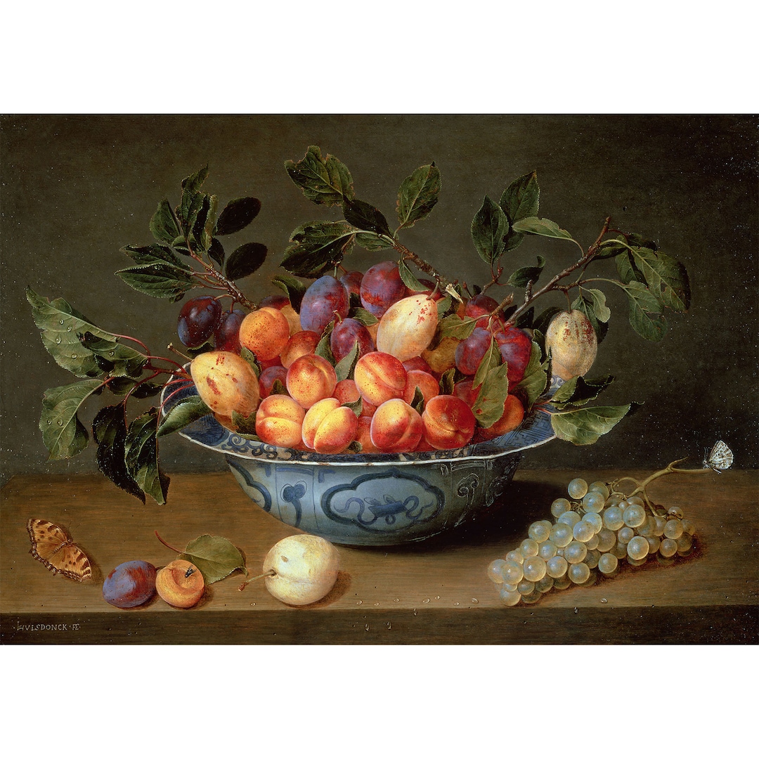 Jacob Van Hulsdonck : A Still Life of Plums and Apricots in a 'wan-li ...