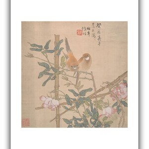 Ren Yi (ren Bonian) : Two Birds Perched on a Flowering Rose Bush (late ...