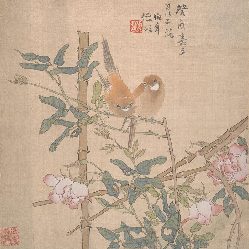 Ren Yi ren Bonian : Two Birds Perched on a Flowering Rose - Etsy
