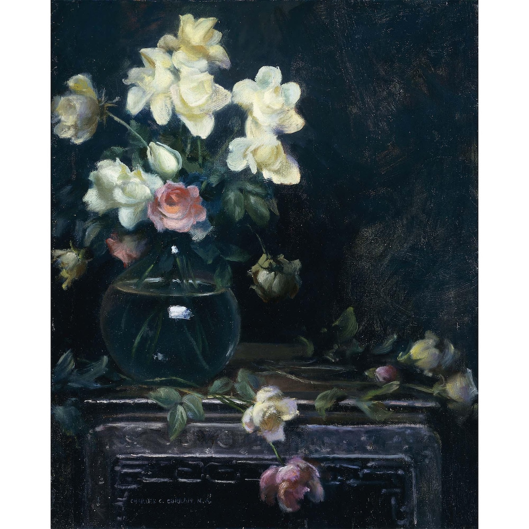 Charles Courtney Curran : Roses in a Glass Vase - Giclee Fine Art Print ...