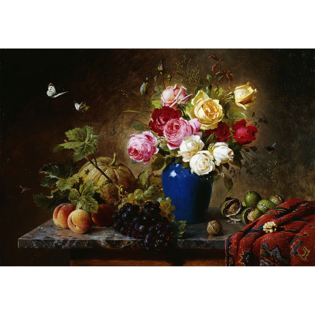 Olaf August Hermansen : Roses in a Vase, Peaches, Nuts and a Melon on a ...