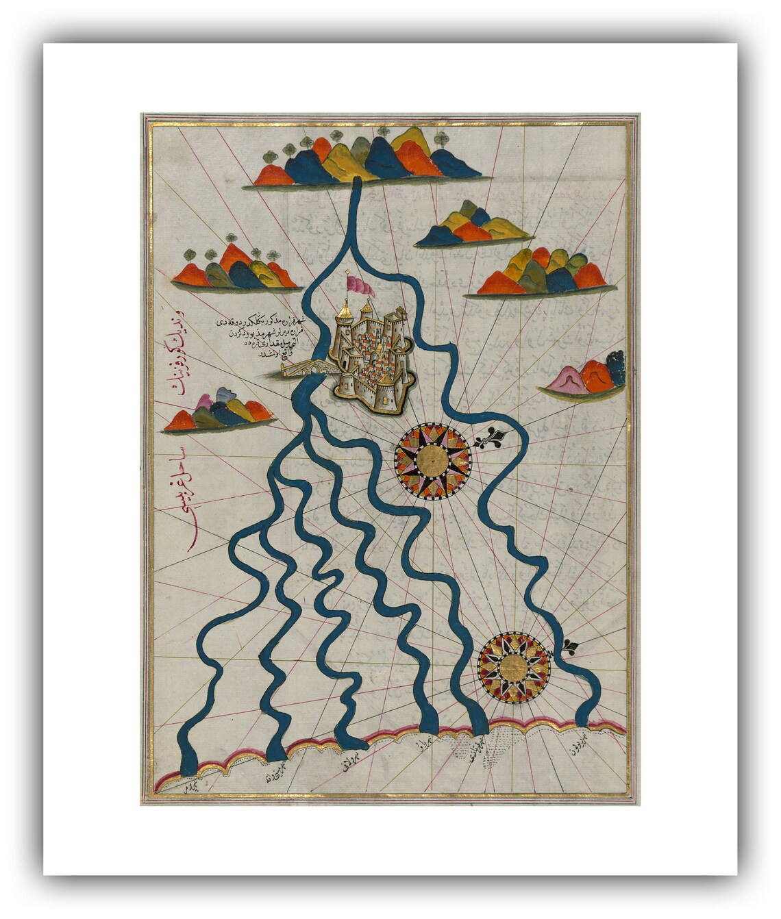 Piri Reis : Map of the City of Ferrara With the Six Rivers Flowing Into ...