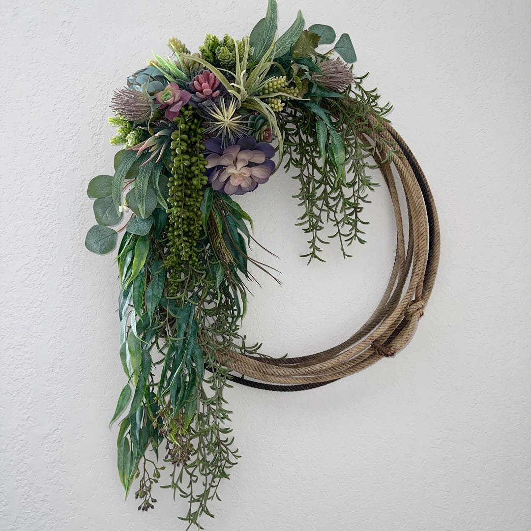 Lasso Rope Wreath With Succulents, Lariat Rope Home Accent, Western ...
