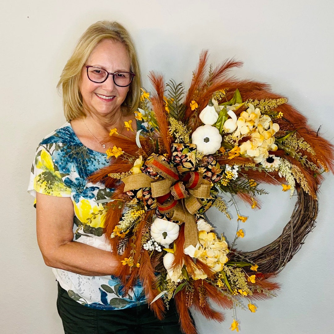 Rustic Fall Boho Grapevine Wreath White Pumpkins Autumn Hydrangeas ...