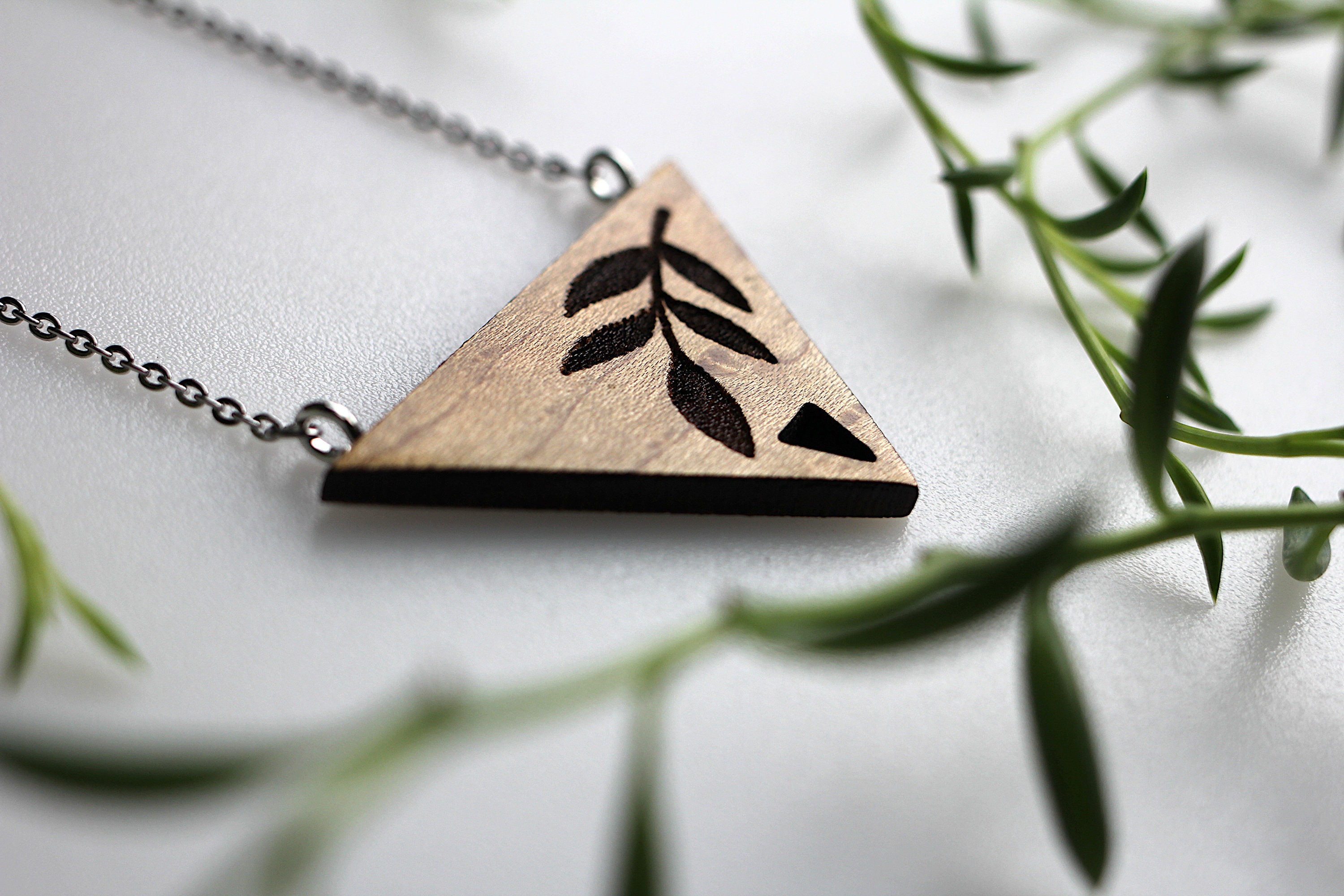 Wood Fern Necklace, Upsidedown Triangle Pendant, Wooden Nature Jewelry ...