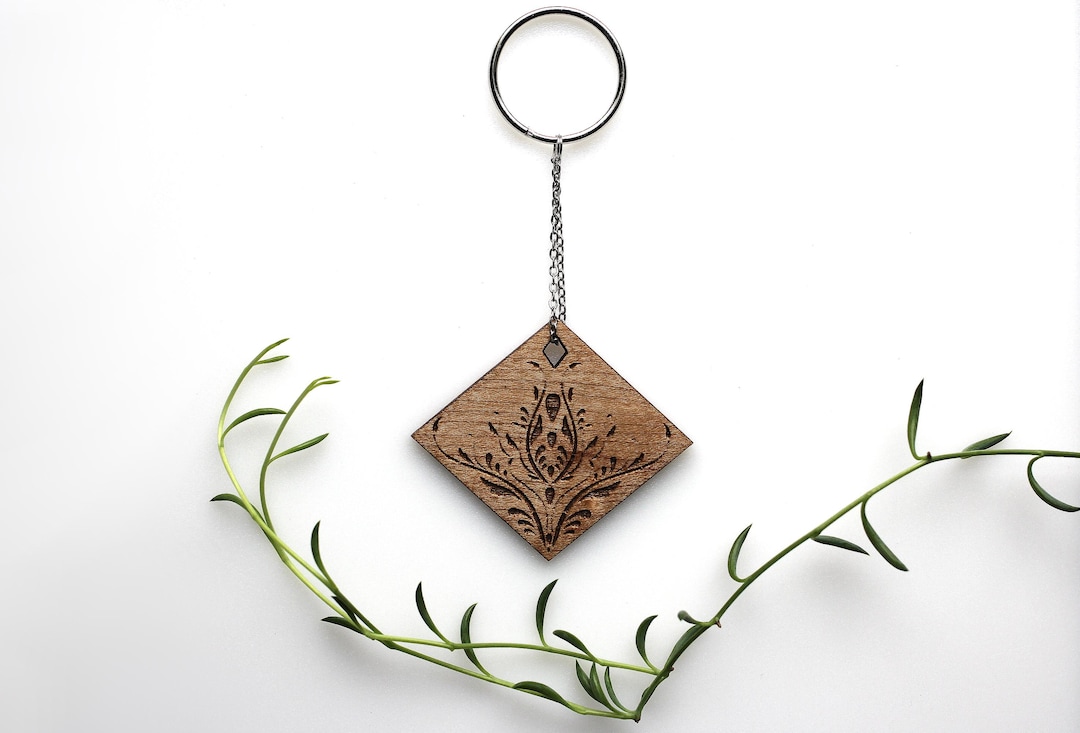 Wooden Keychain, Laser Engraved Keyring, Scroll Vine Keychain, Handmade ...