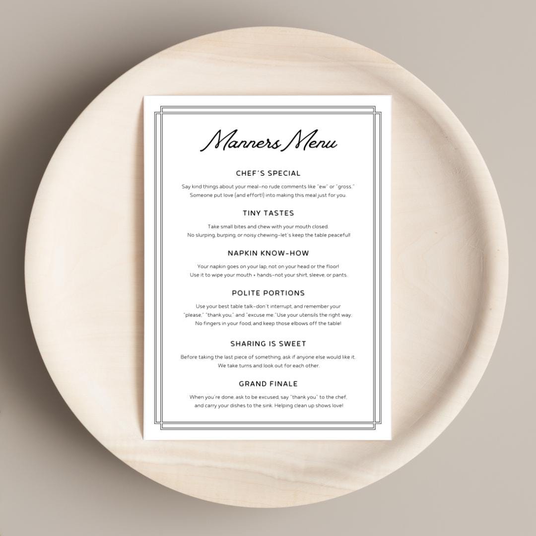 Printable Manners Menu for Kids | 5x7 Table Manners Chart | Dining ...