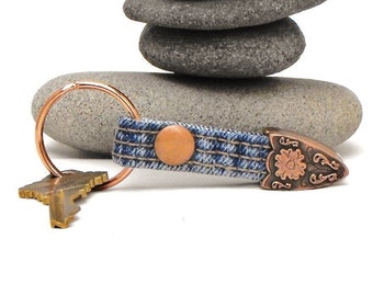 Denim Key Fob With Copper-tone Hardware, Faded Denim Key Ring, Denim ...