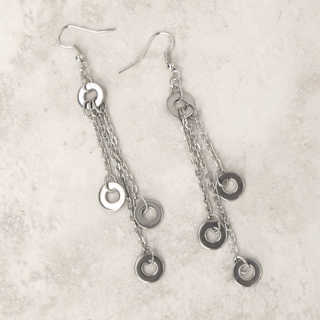 Industrial Style Earrings for Women, Silver-tone Chains and Circles ...