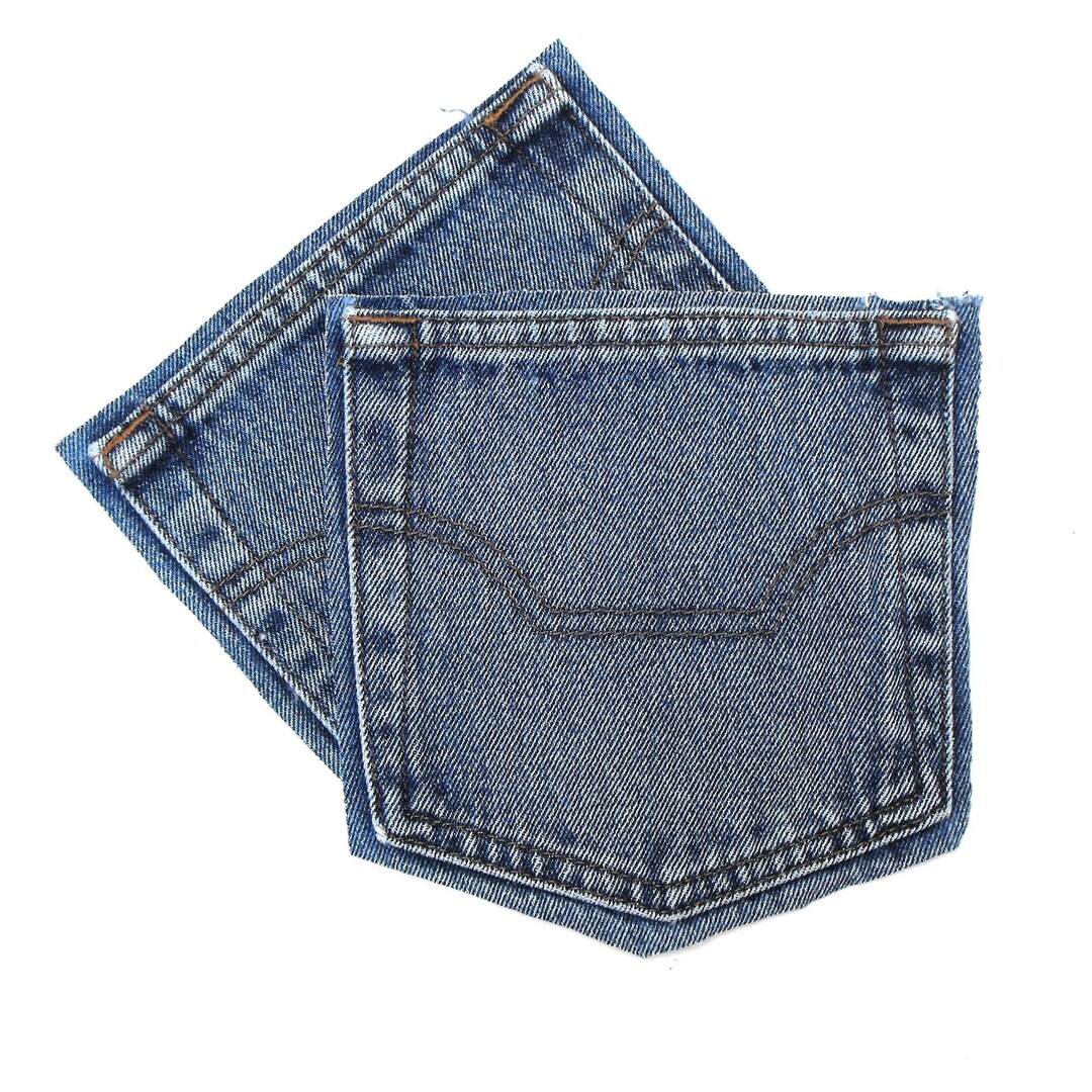 Pair of Denim Pockets, Upcycle Blue Jeans Pieces, Two Faded Distressed ...