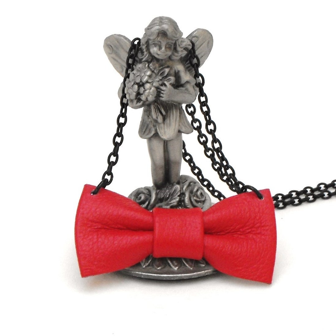 Small Red Bow-shaped Necklace, Leather Jewelry for Girls and Women, 2 X ...