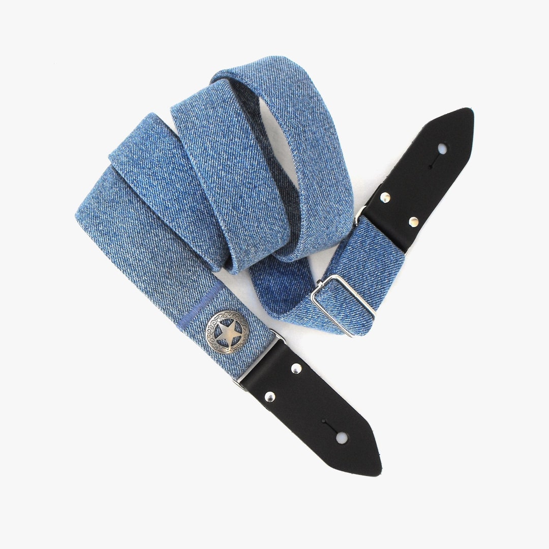 Upcycled Denim Guitar Strap: Leather Tabs, Texas Star Concho ...