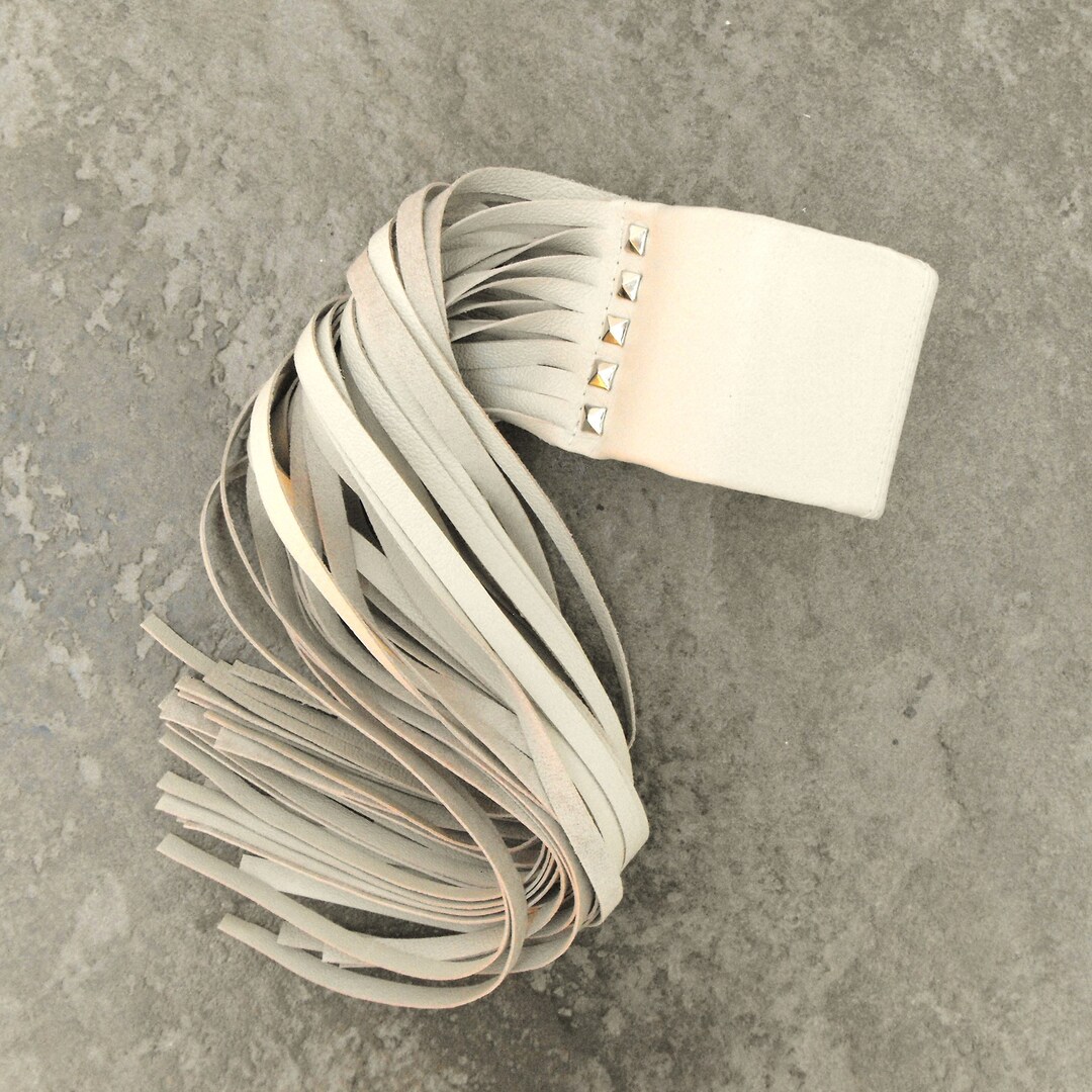Beige Leather Bracelet, Off-white Long Fringe Jewelry With Silver Studs ...