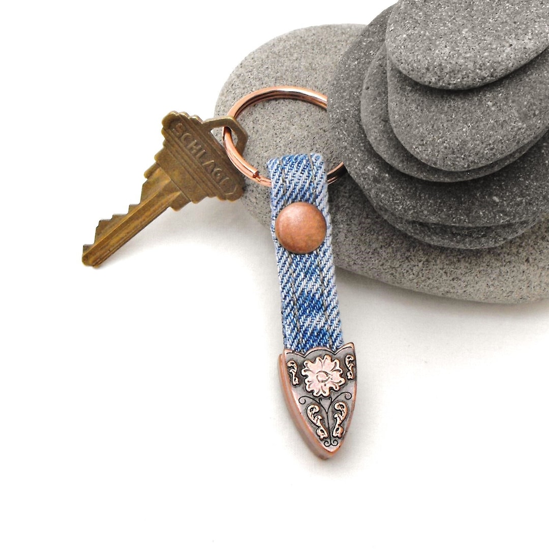 Denim Key Fob With Copper-tone Hardware, Faded Denim Key Ring, Denim ...
