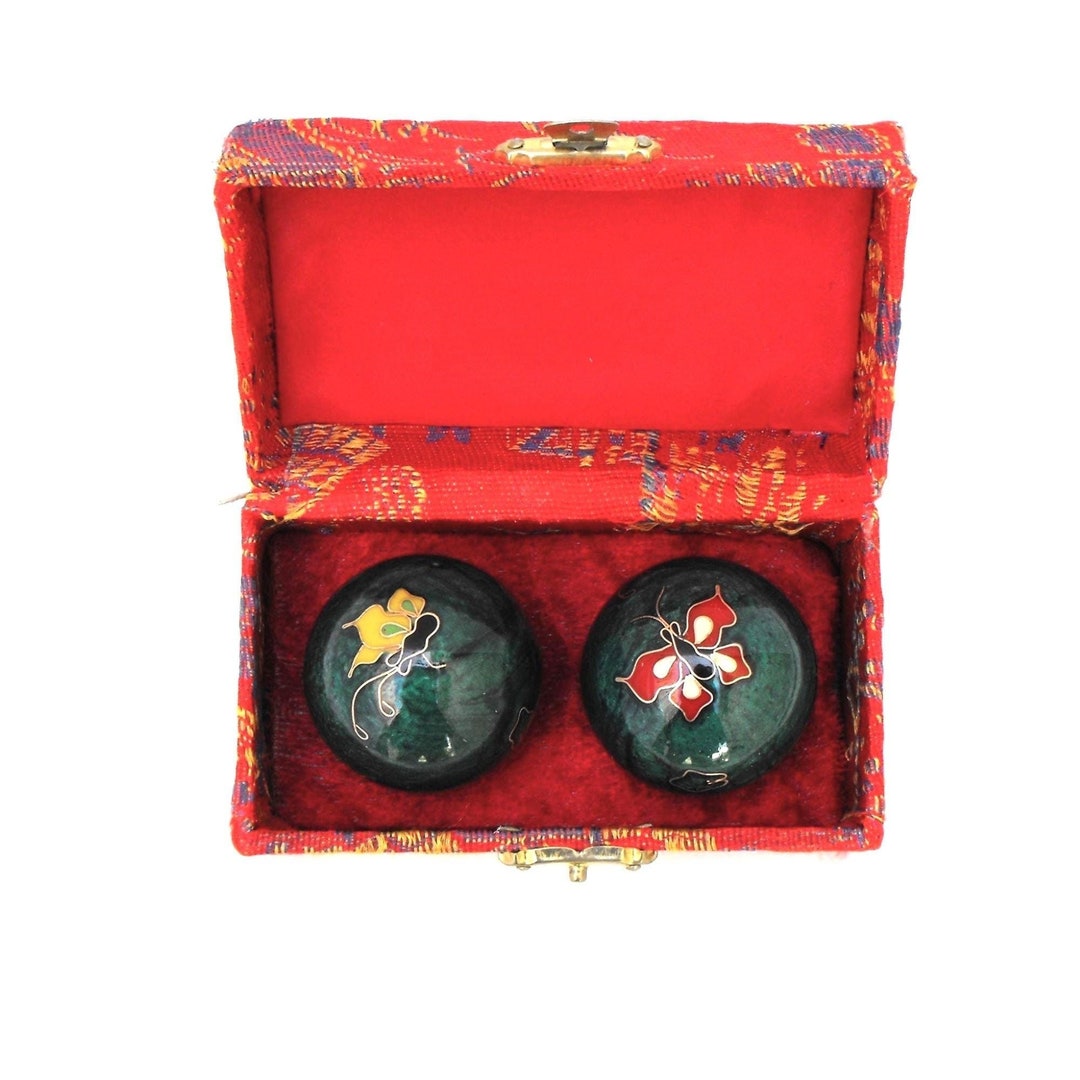 Baoding Chime Balls in Brocade Case, Pair of Green Marbled Cloissone ...