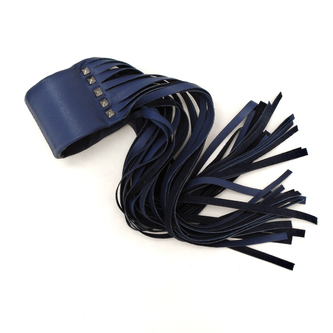 Blue Leather Fringe Cuff for a Small Wrist, 12" Long Strips Bracelet ...
