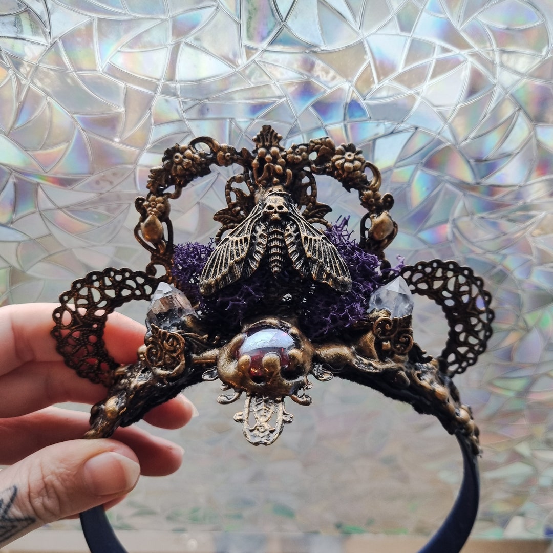 Large Moth Gold Regal Nature Crown Ornamental Headpiece With Purple ...