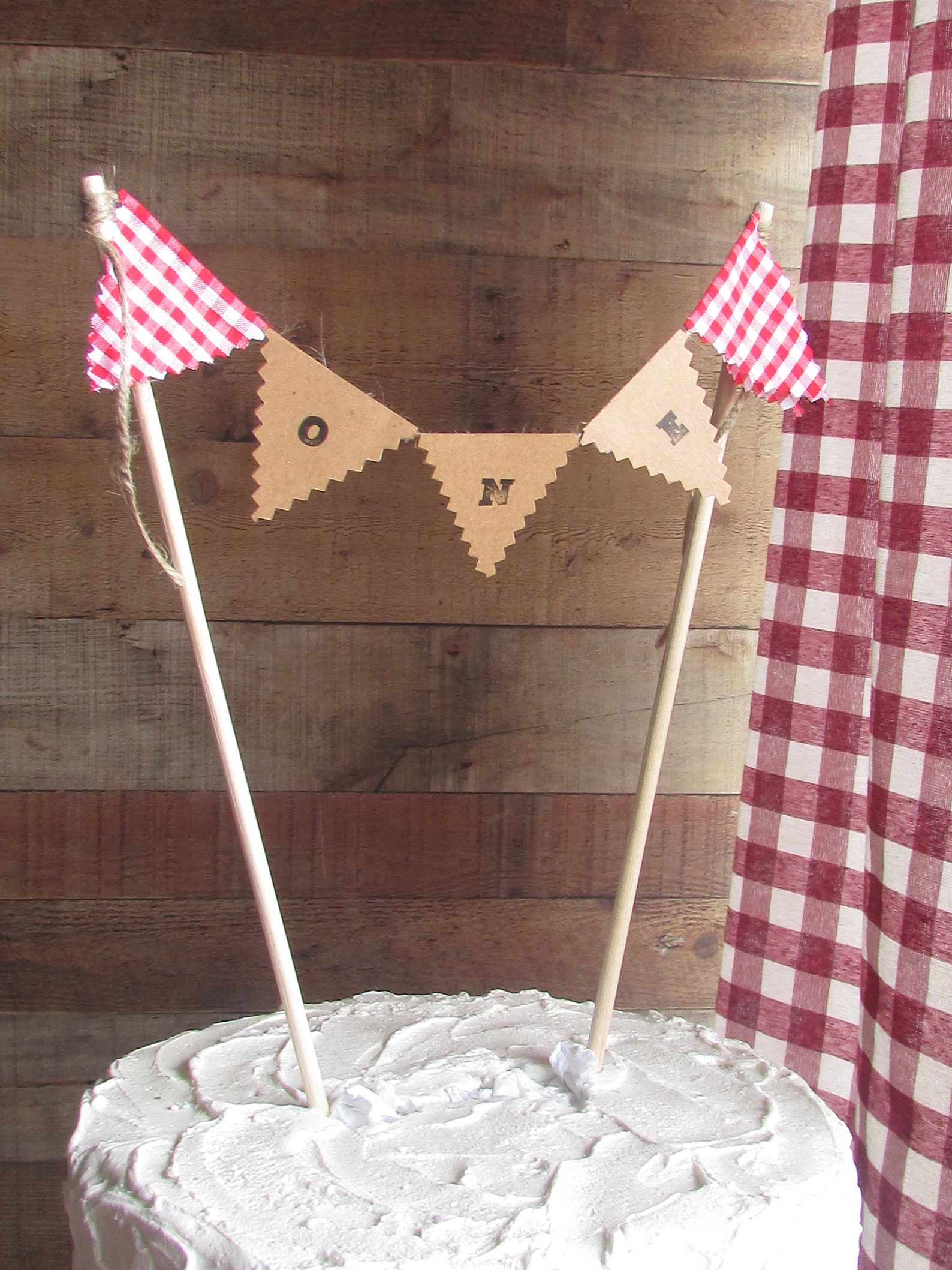 One Cake Topper Red White Gingham Cake Banner Bunting Pennant - Etsy