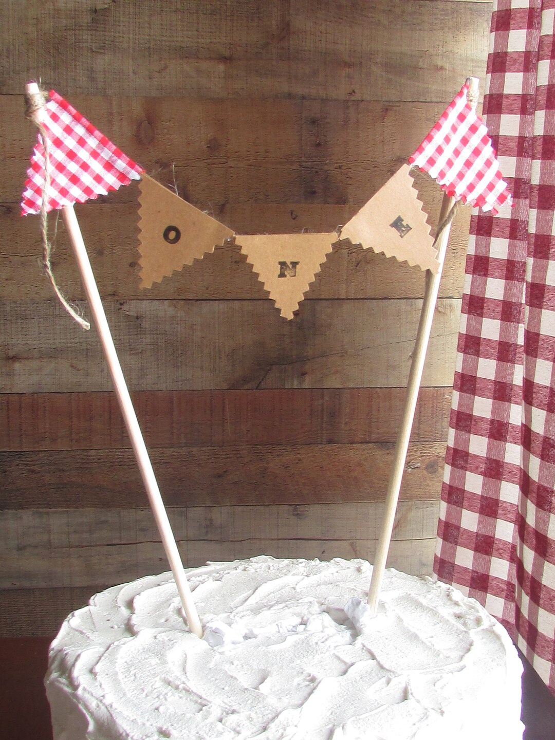 One Cake Topper Red White Gingham Cake Banner Bunting Pennant - Etsy