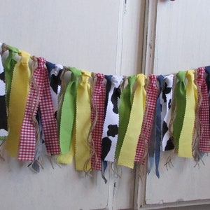 Farmer Rag Tie Banner Farm Birthday Barnyard Green Yellow Red Cow Print ...