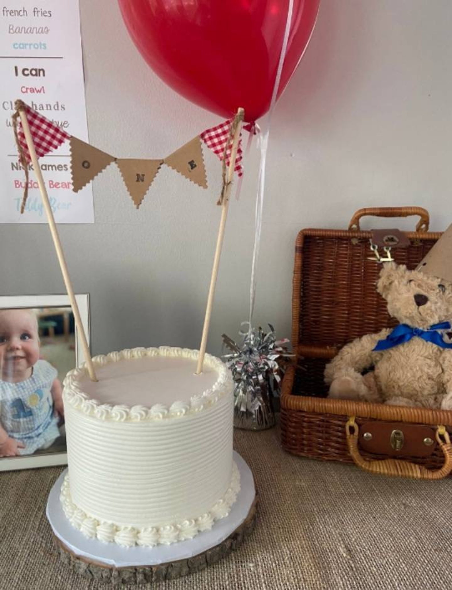 One Cake Topper Red White Gingham Cake Banner Bunting Pennant - Etsy