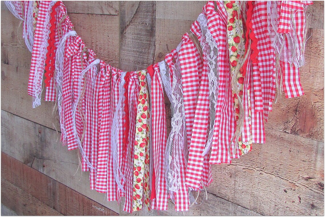 Shabby Chic Red and White Gingham Fabric Banner Vintage | Etsy