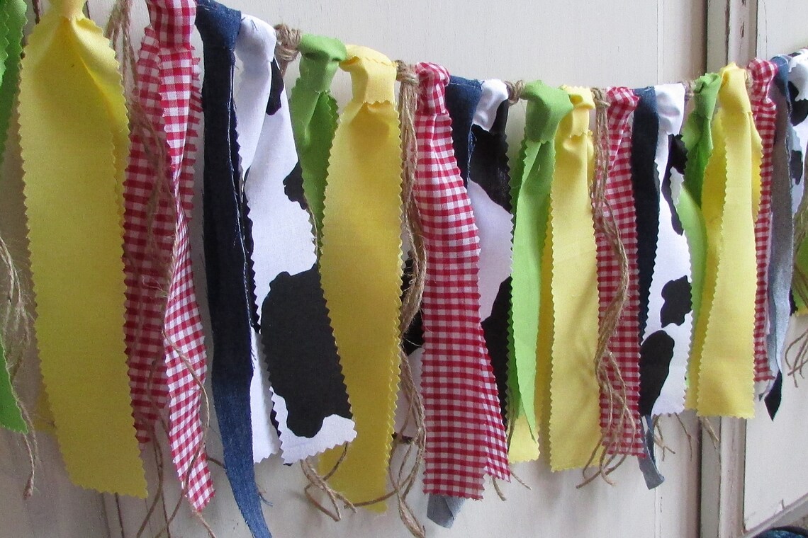 Farmer Rag Tie Banner Farm Birthday Barnyard Green Yellow Red - Etsy
