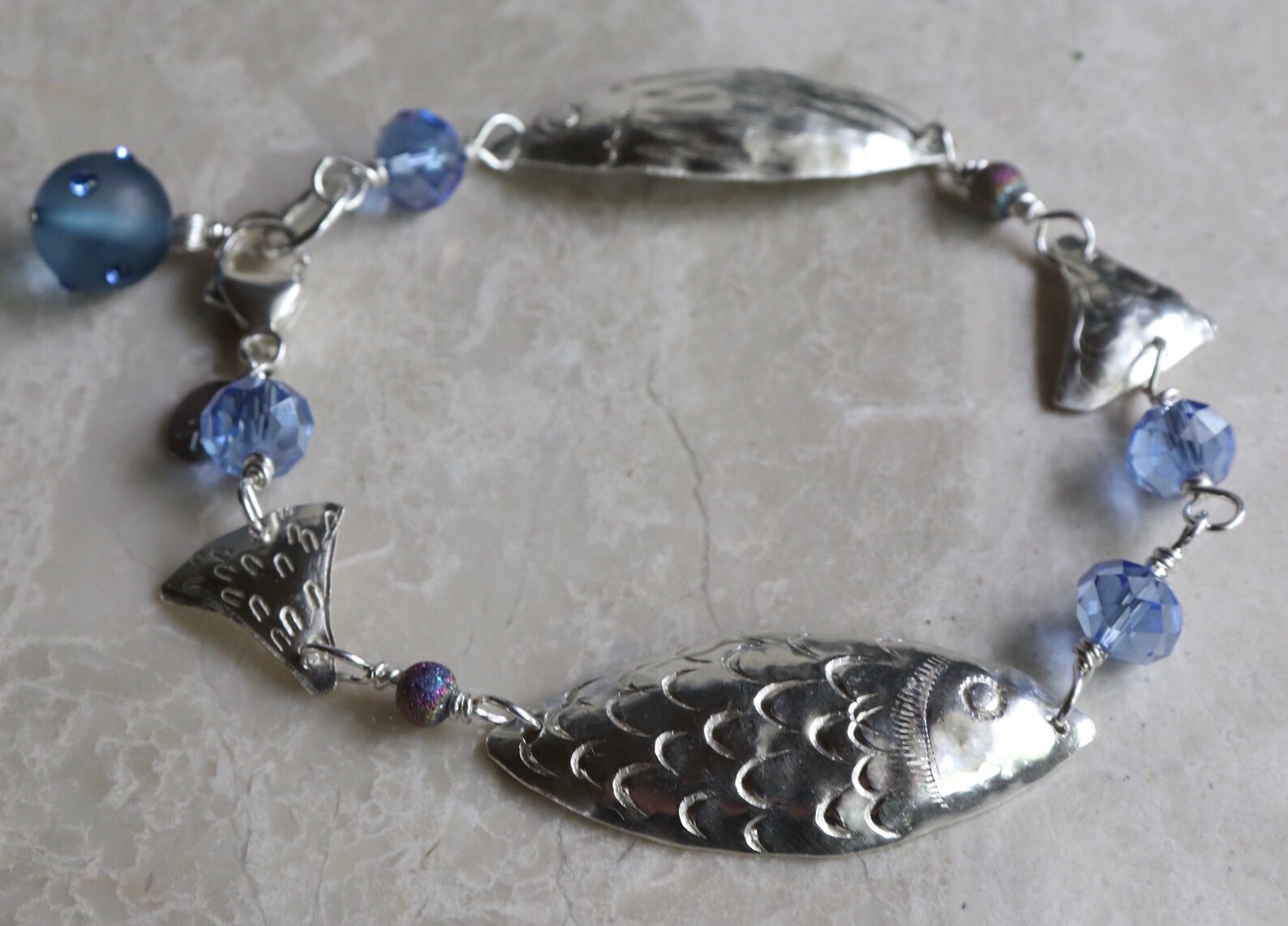 Sterling Silver Fish Bracelet Blue Bead Silver Bracelet | Etsy