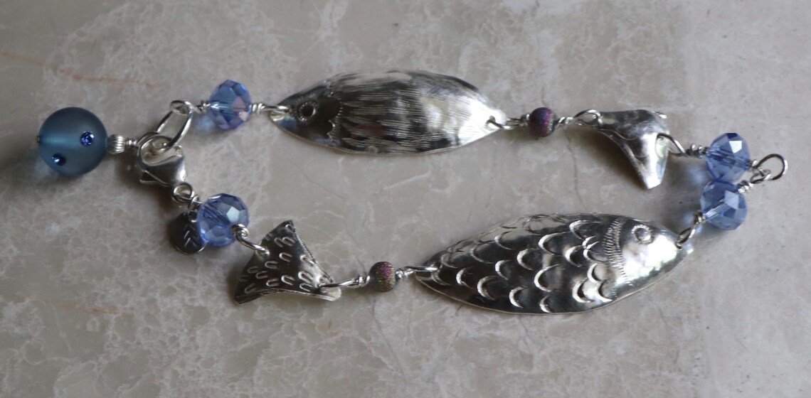 Sterling Silver Fish Bracelet Blue Bead Silver Bracelet | Etsy