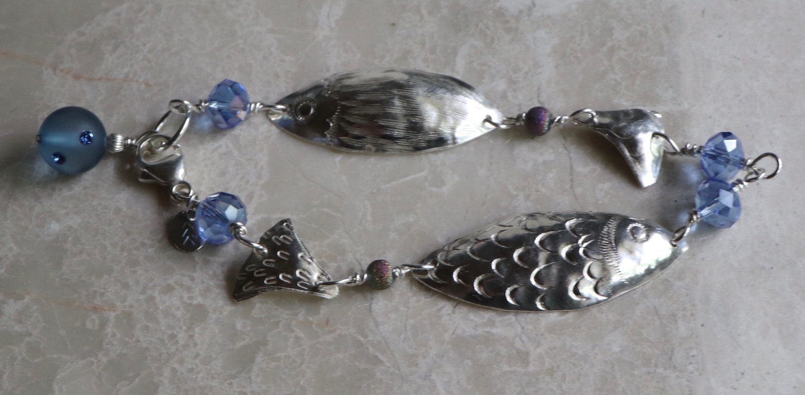Sterling Silver Fish Bracelet Blue Bead Silver Bracelet | Etsy