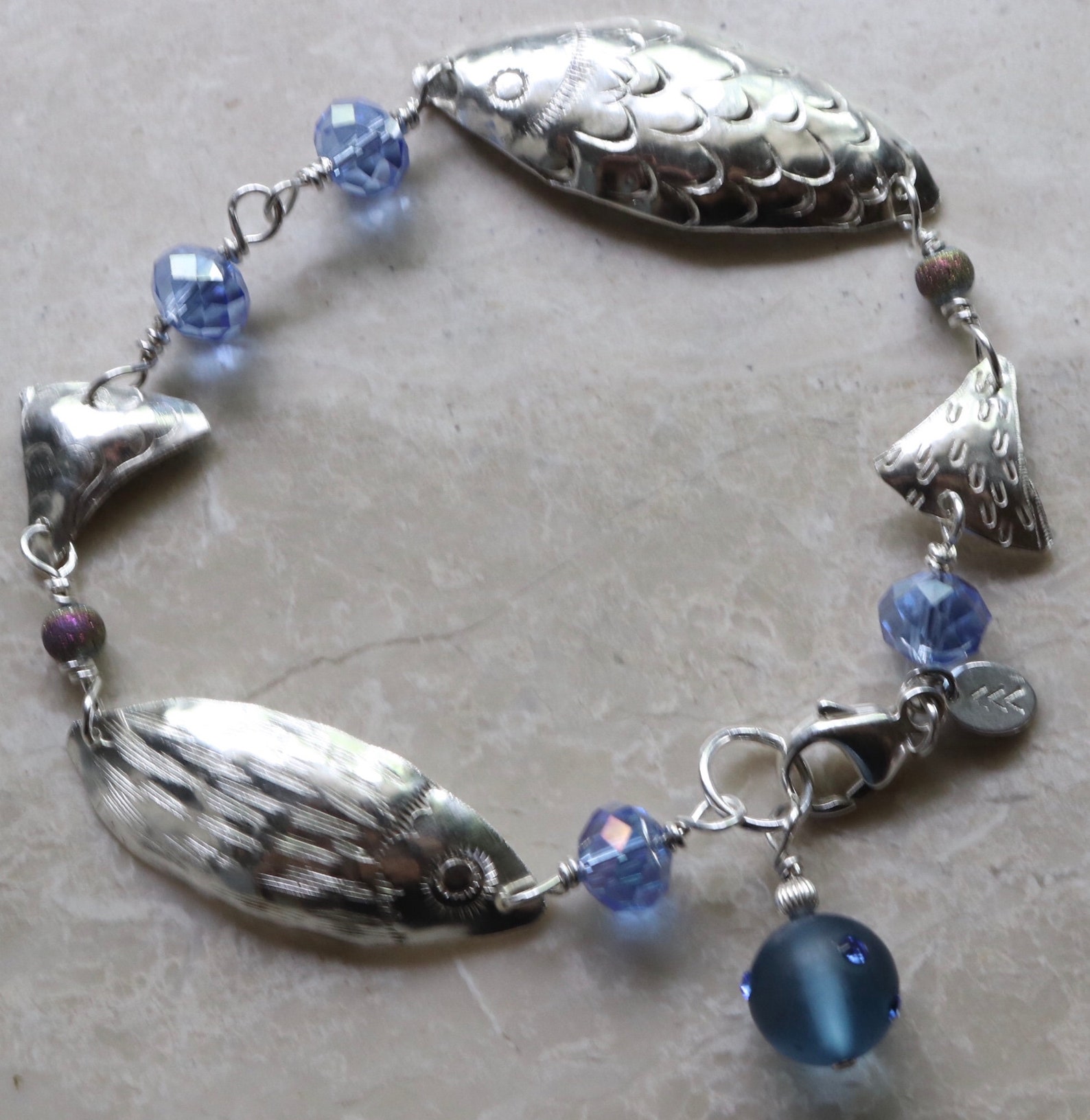 Sterling Silver Fish Bracelet Blue Bead Silver Bracelet - Etsy