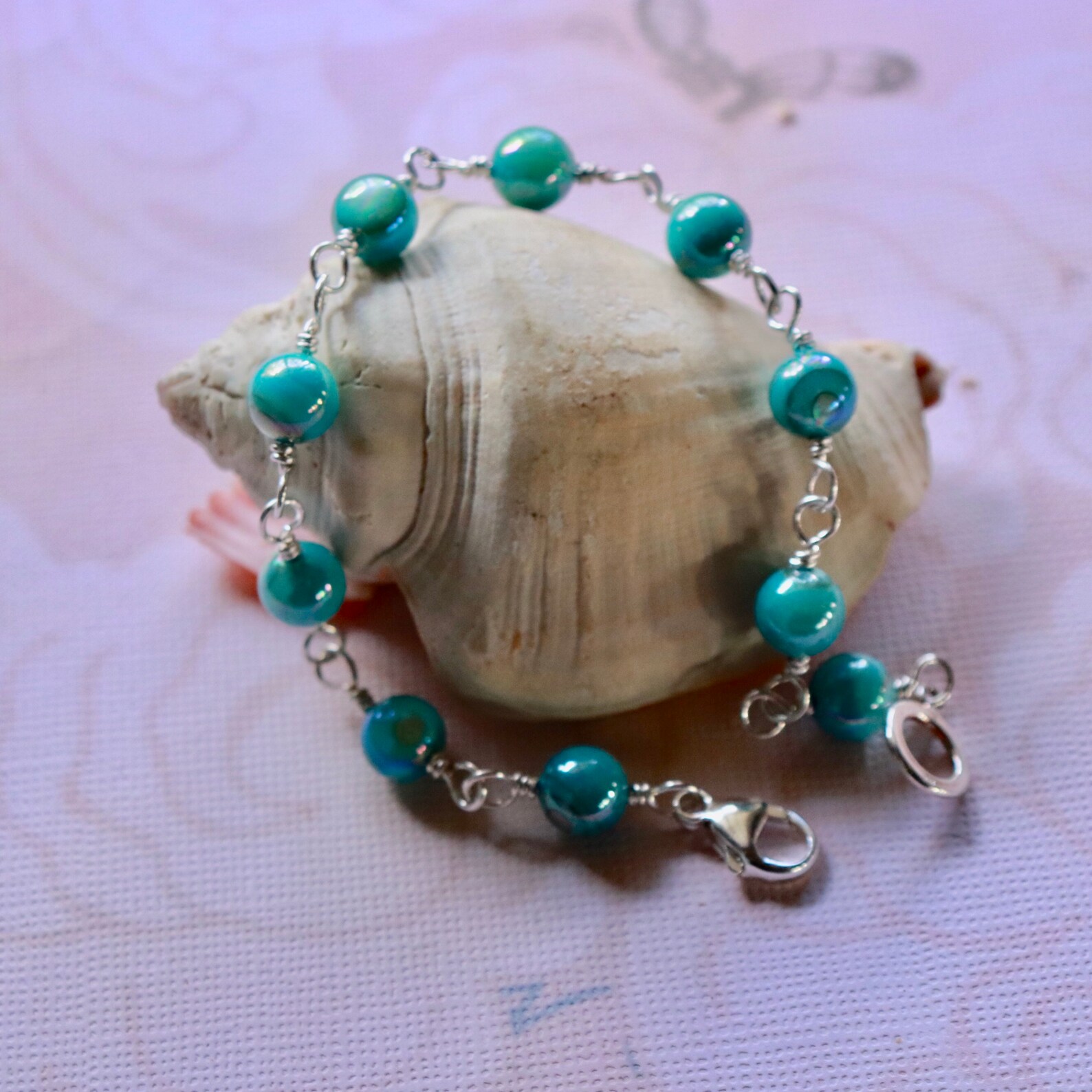Aqua Blue Round Shell Bead Bracelet Aqua Bracelet Boho - Etsy