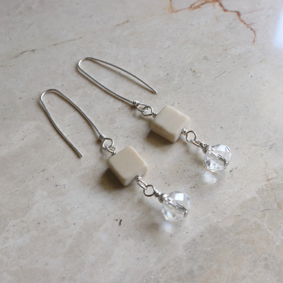 Sterling Silver Boho Earrings, White Riverstone Crystal Drop - Etsy