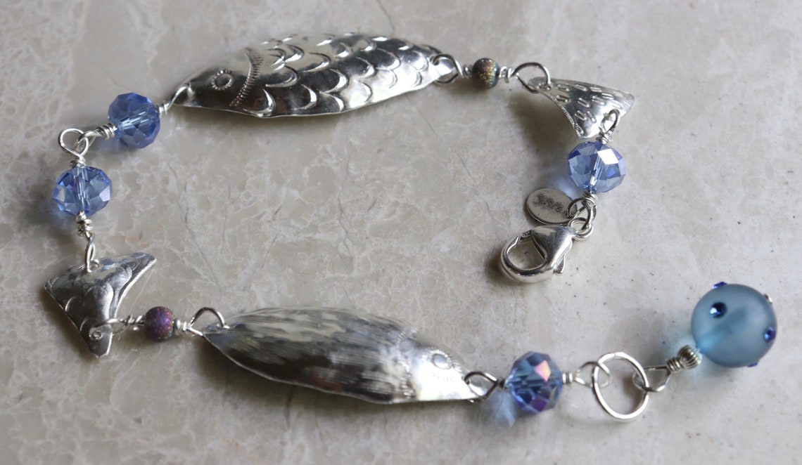 Sterling Silver Fish Bracelet Blue Bead Silver Bracelet | Etsy