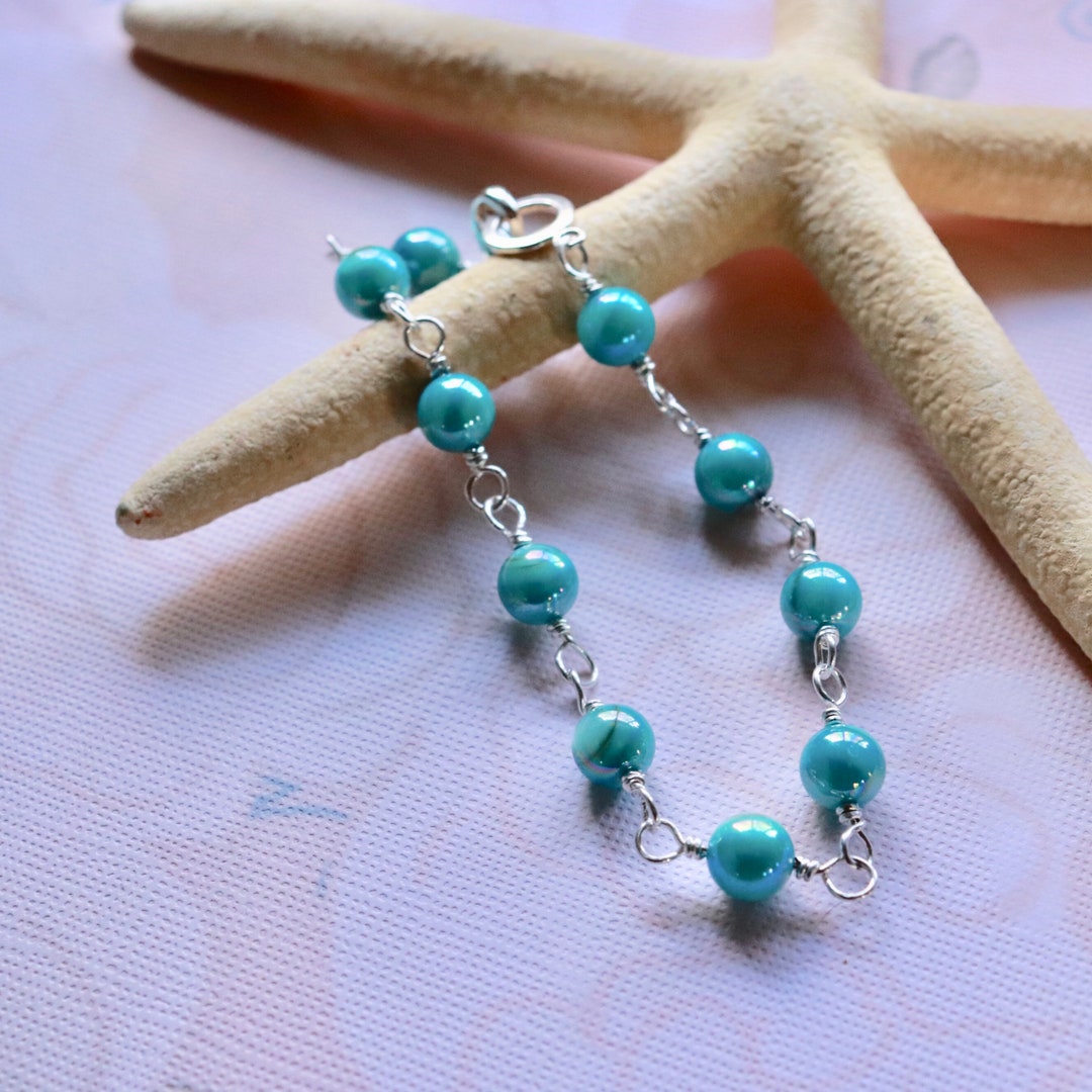 Aqua Blue Round Shell Bead Bracelet Aqua Bracelet Boho - Etsy