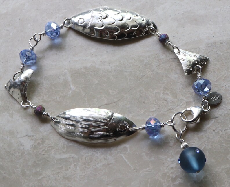 Sterling Silver Fish Bracelet Blue Bead Silver Bracelet - Etsy